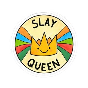 Slay Queen Sticker, Cheerful Crown & Rainbow Design, Retro Vinyl Decal ...