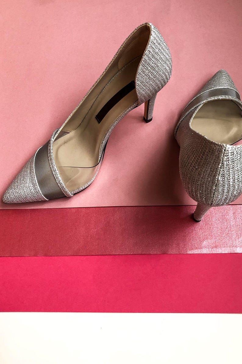 Silver Shiny Wedding Shoes for Bride, Grey Closed Toe Heels Bridal ...