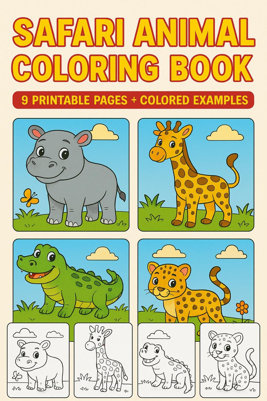 Safari Animals Coloring Book – 9 Printable Pages + Colored Examples ...