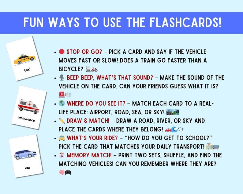 Transportation Flashcards for Kids, Montessori Learning, Toddler ...