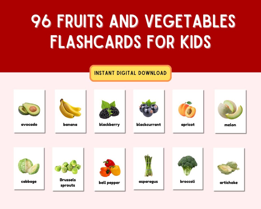 96 Fruits and Vegetables Flashcards, Printable Educational Cards for ...