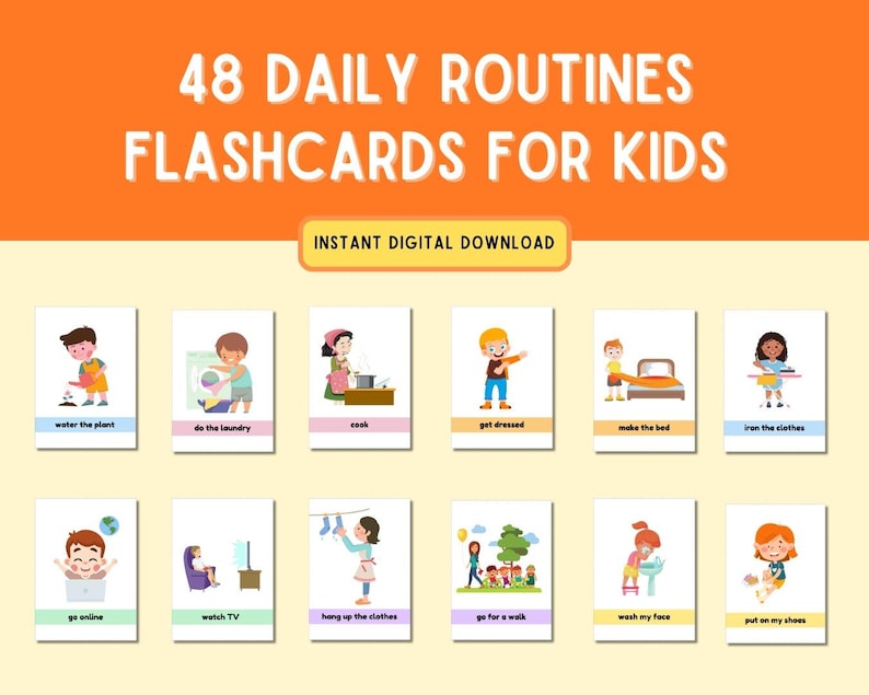 48 Daily Routine Flashcards for Kids, Action Verb Flash Cards, Morning ...