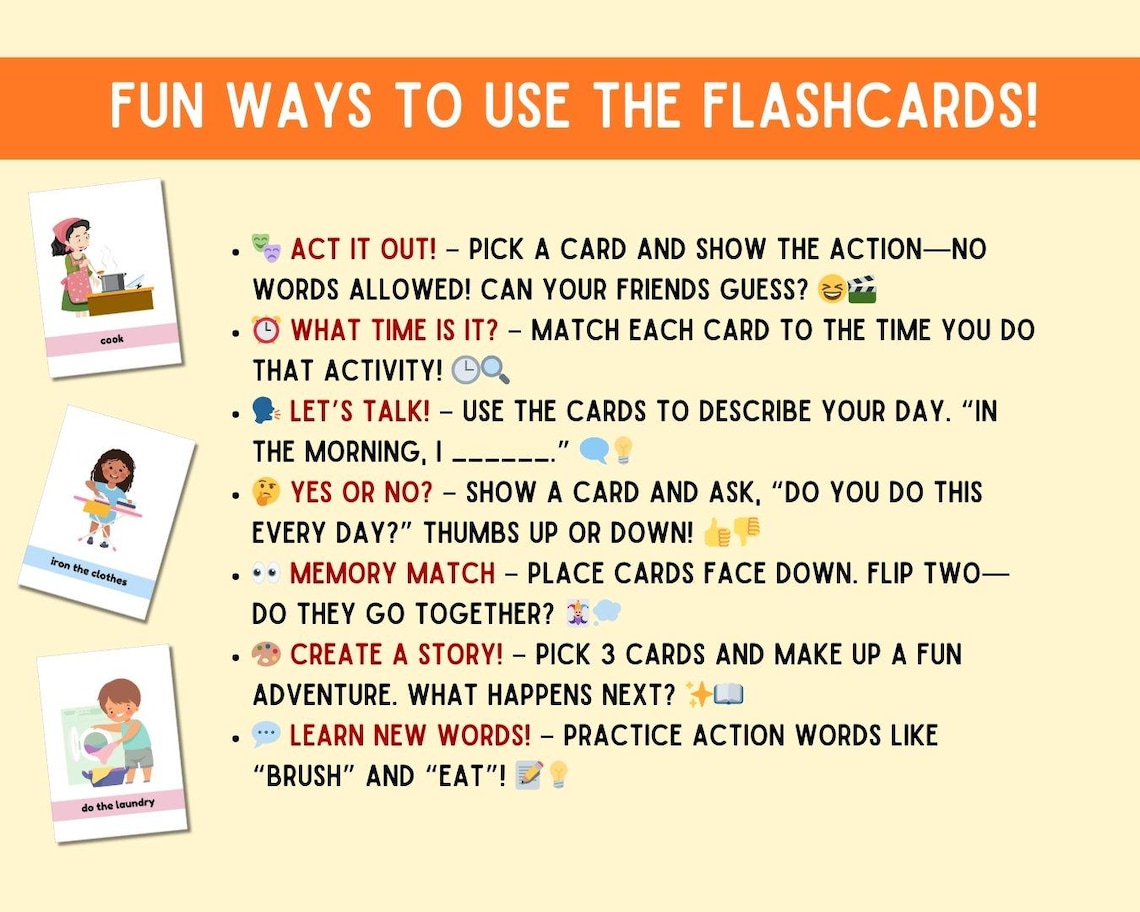 48 Daily Routine Flashcards for Kids, Action Verb Flash Cards, Morning ...
