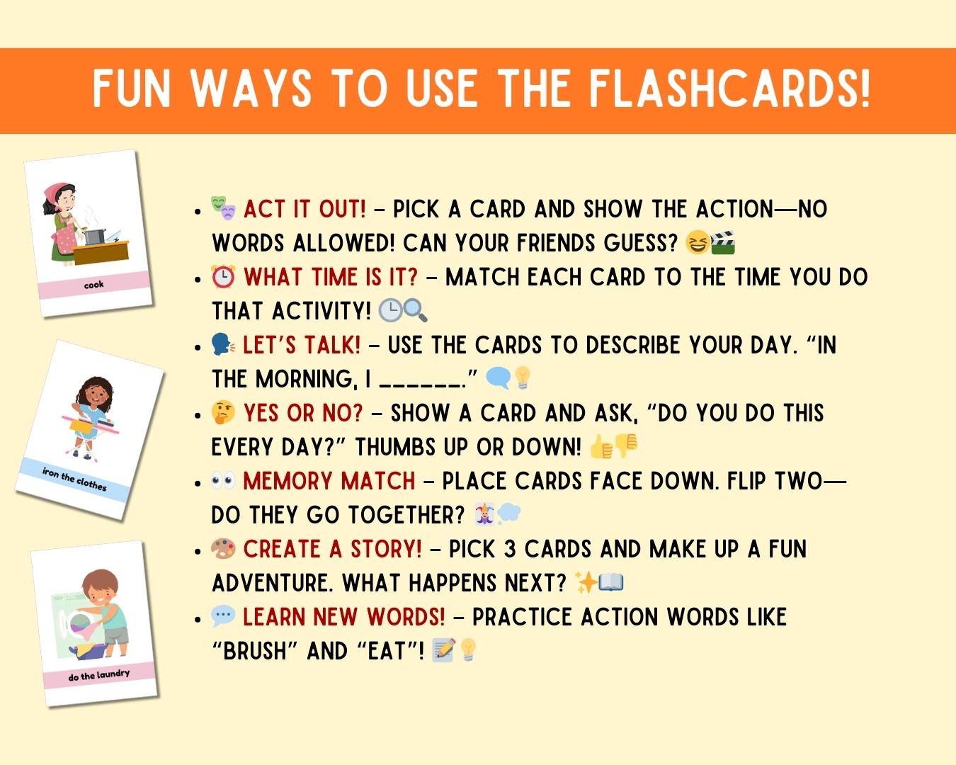 48 Daily Routine Flashcards for Kids, Action Verb Flash Cards, Morning ...