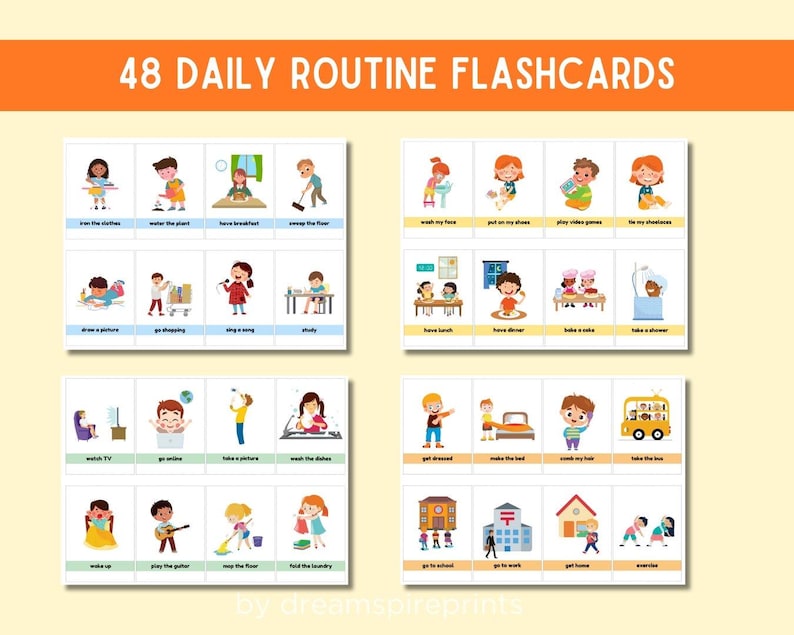 48 Daily Routine Flashcards for Kids, Action Verb Flash Cards, Morning ...