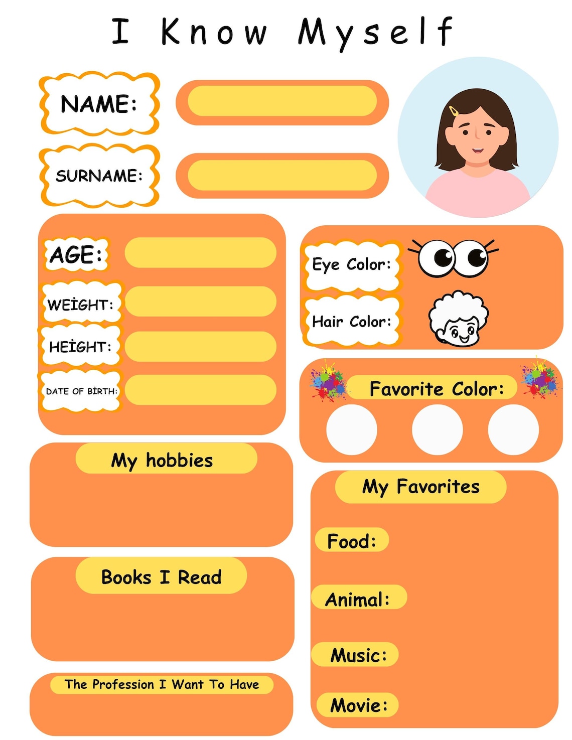Printable I Know Myself Chart for Kids,self-identification Guide for ...