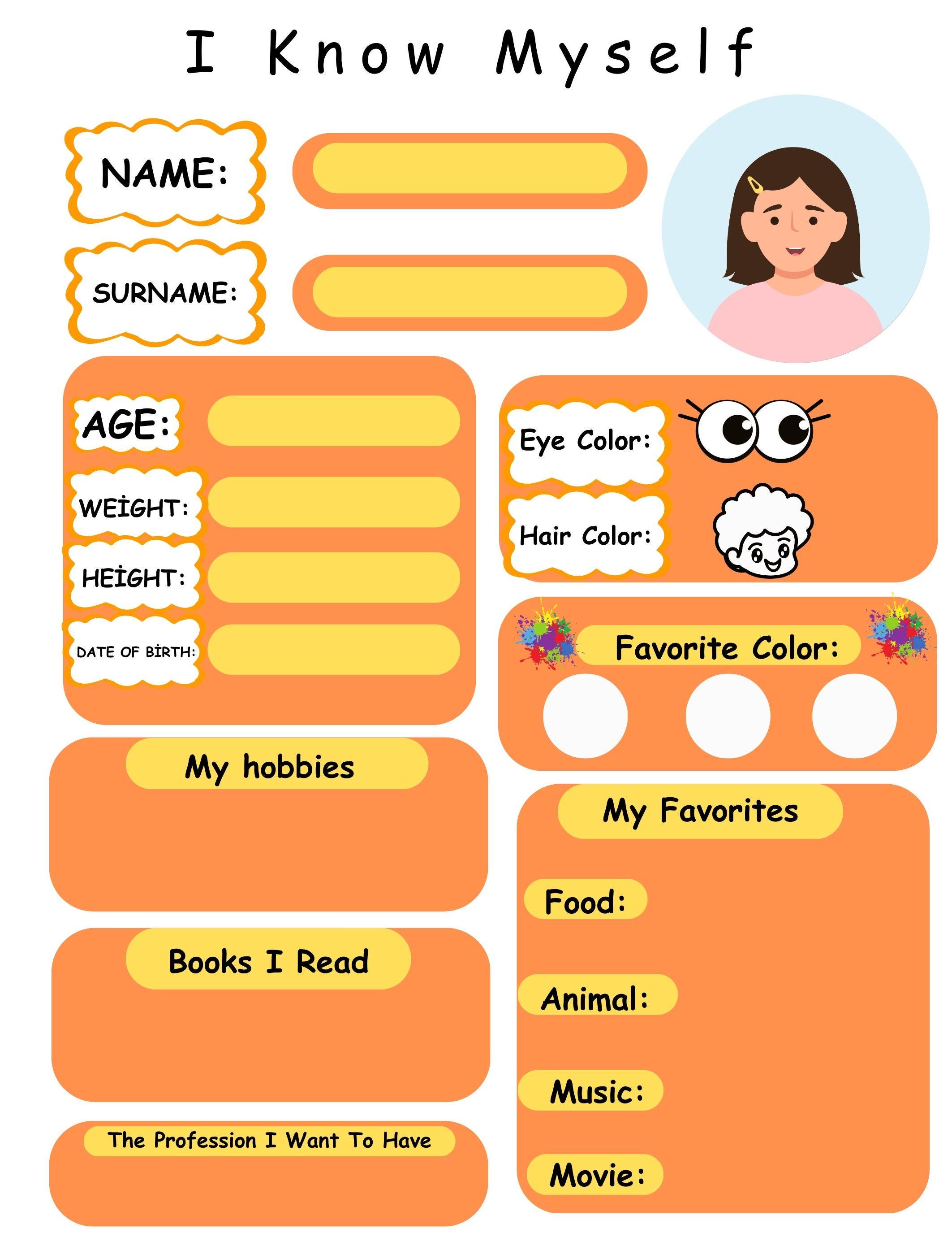 Printable I Know Myself Chart for Kids,self-identification Guide for ...