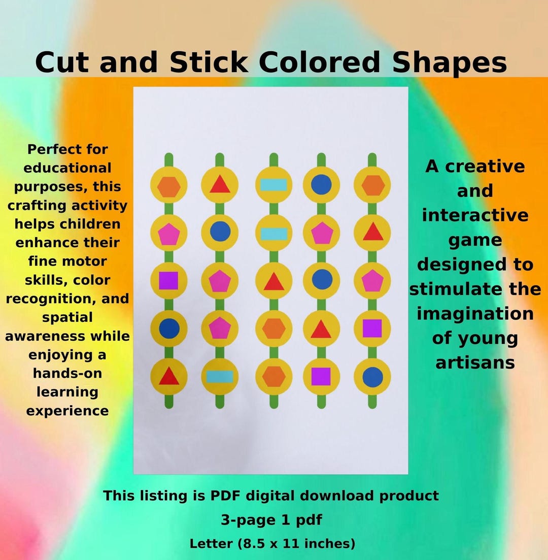 Cut and Stick Colored Shapes, Interactive PDF Craft Supplies for Kids ...