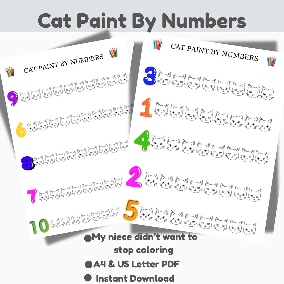 Cat Number Coloring Pages, Fun Learning Activity,pdf Download A4/US ...