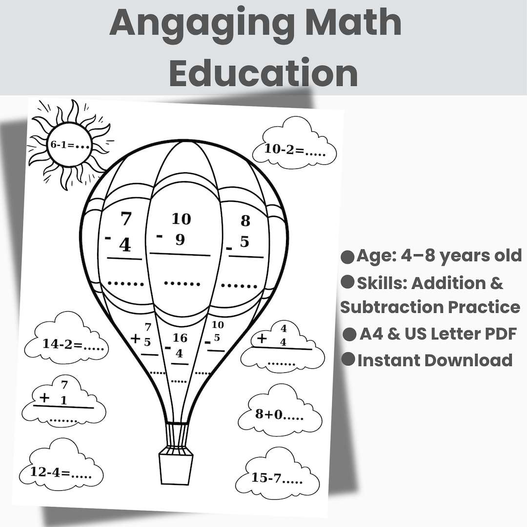 Hot Air Balloon Math Coloring Page,addition & Subtraction Worksheet ...