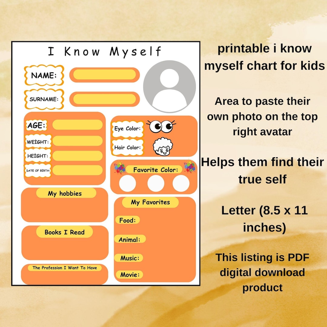 Printable I Know Myself Chart for Kids,self-identification Guide for ...
