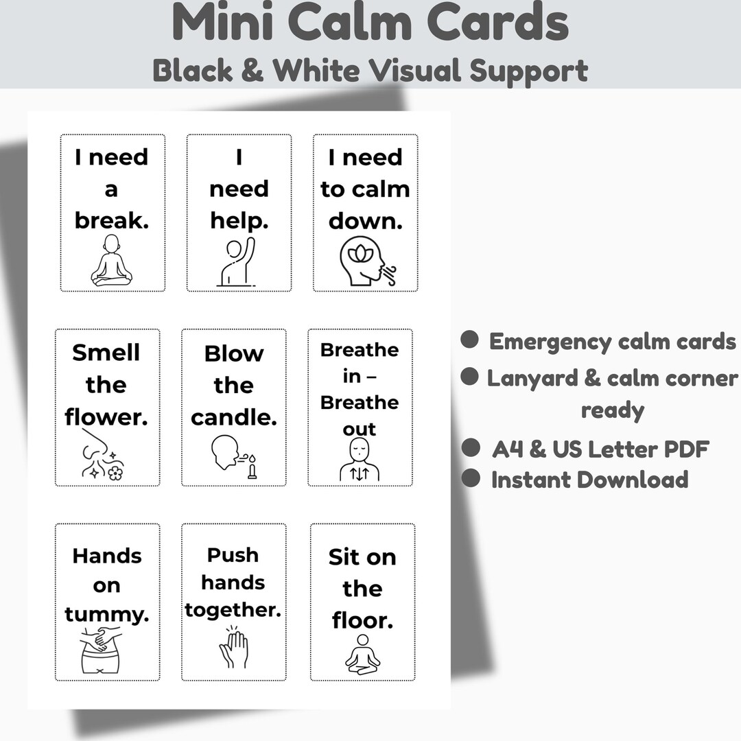 Mini Calm Cards Black & White,visual Calm Down Cards for Kids,emergency ...