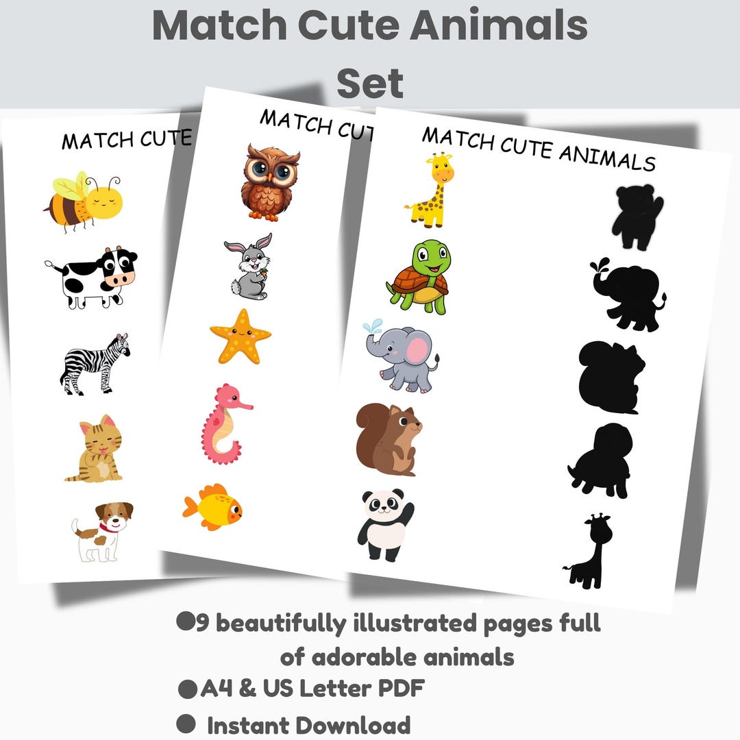 Cute Animals Digital PDF Set,match Cute Animals Digital PDF Set,cute ...