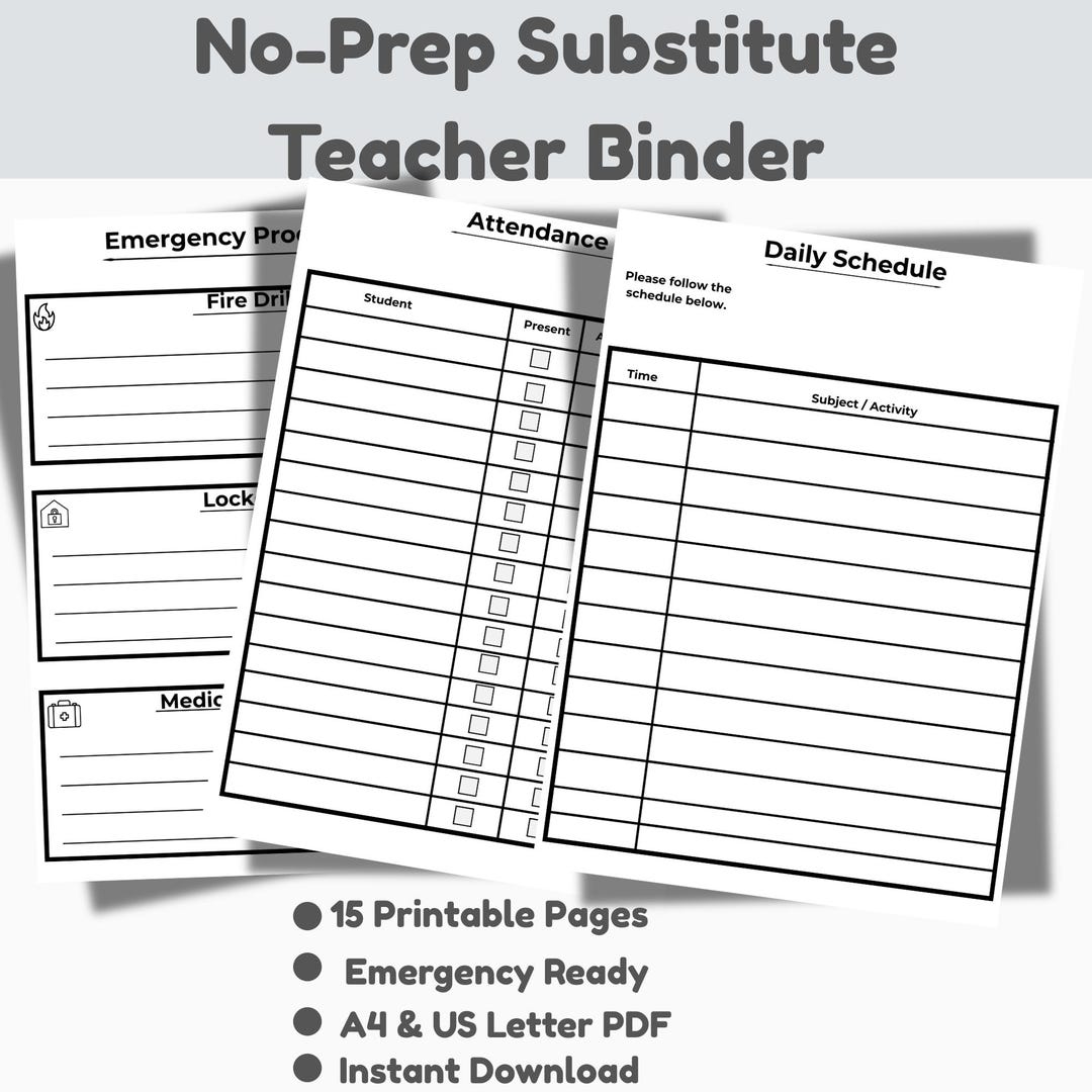 No-prep Substitute Teacher Binder,editable Sub Plans,15 Page Substitute ...
