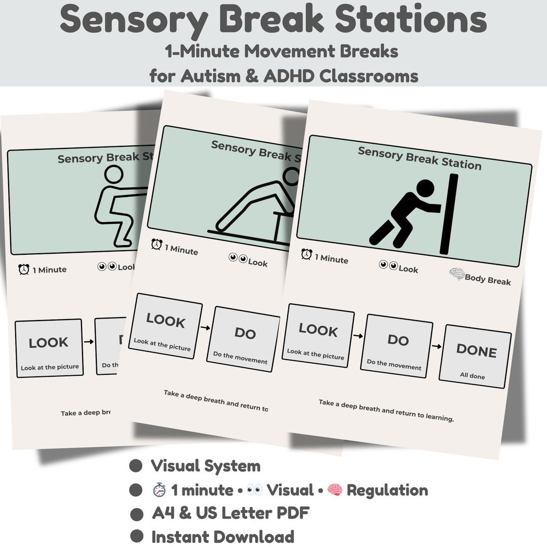 Sensory Break Stations for Special Education,1-minute Movement Breaks ...