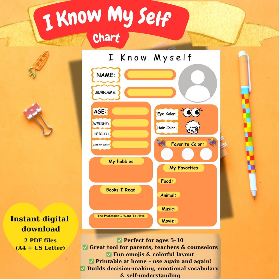 Getting to Know Myself Chart PDF – Self-awareness Activity for Kids 5 ...
