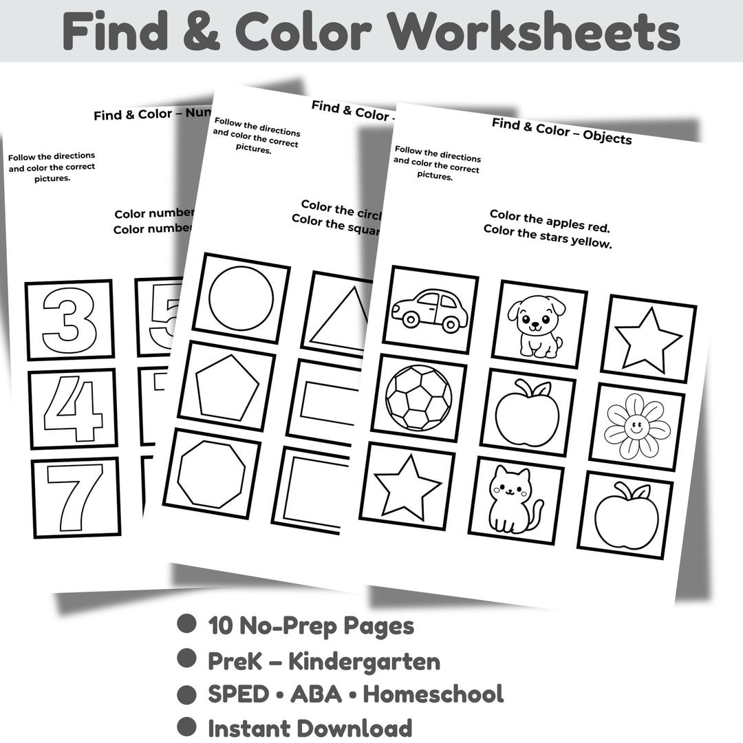 Find & Color Worksheets for Preschool,10 No Prep Coloring Pages,prek ...