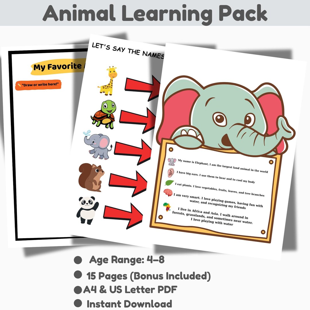 Animal Learning Pack,printable Animal Facts and Names Worksheets, Kids ...