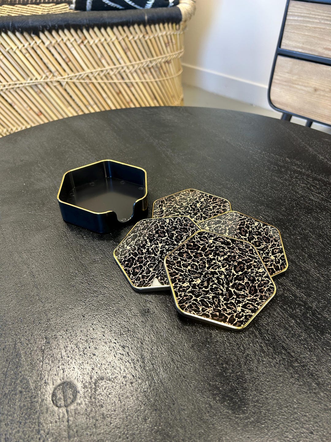 Leopard Print Hexagon Coasters – Black & Gold, Set of 4 With Holder - Etsy