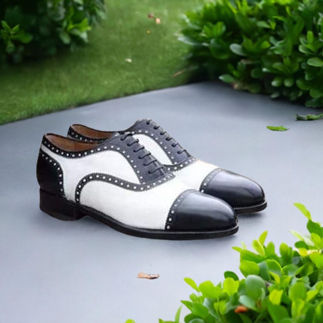 Black & White Leather Spectator Shoes: Cap Toe Formal Dress Shoes - Etsy