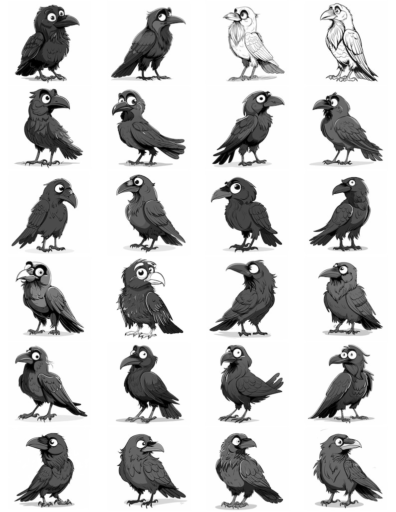 Raven Cartoon Illustration Black and White Bundle 1 72 Digital Ai Line ...