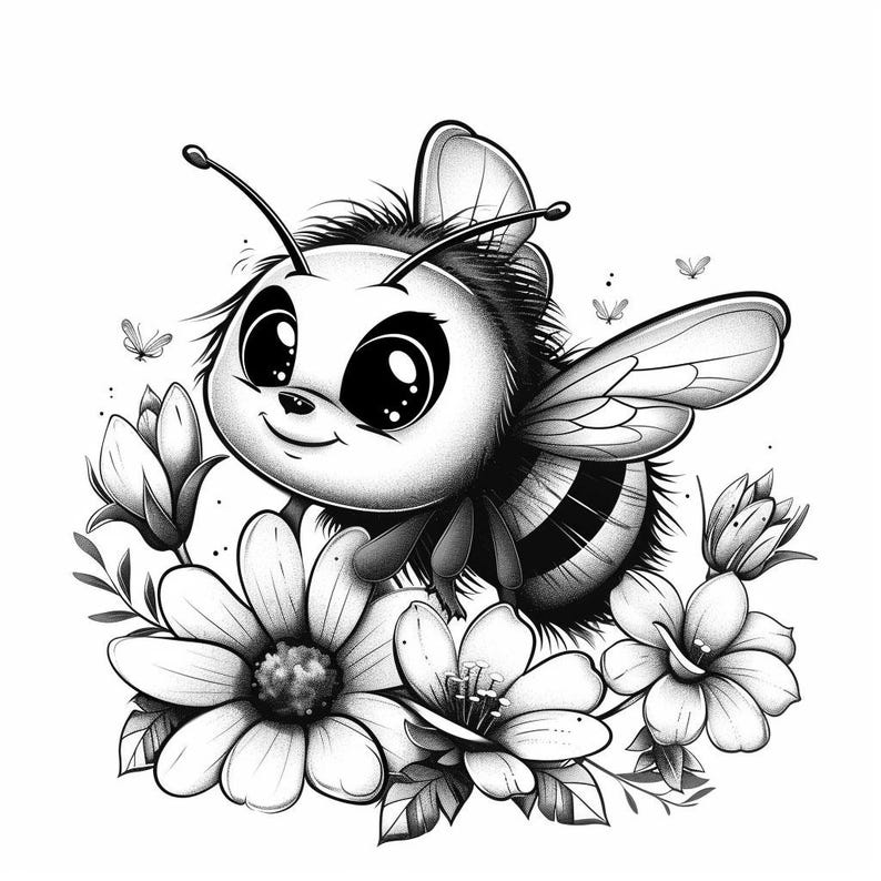 Bees and Flowers Cartoon Black and White Bundle 1 32 Digital Ai Line ...