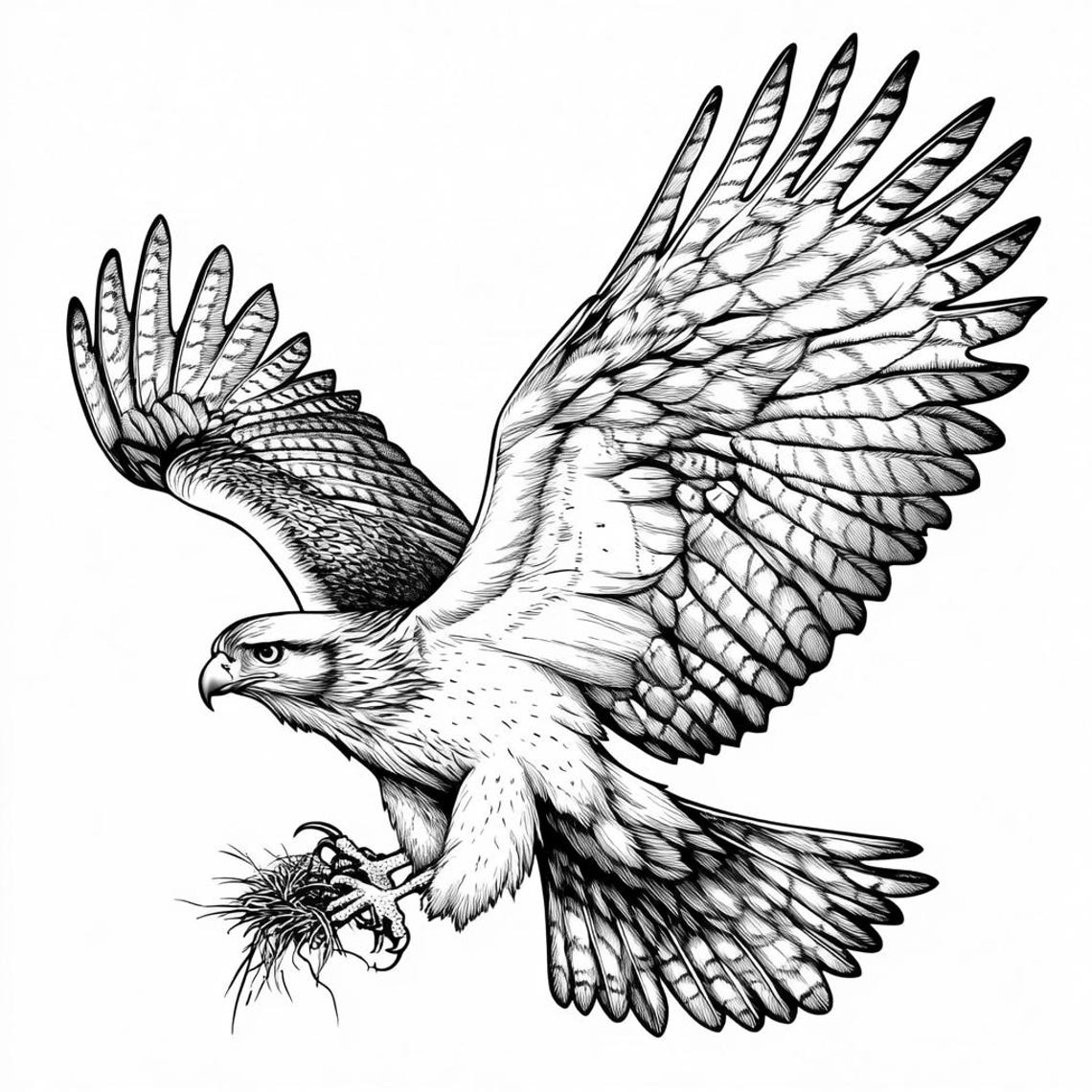 Hawk Redtail Line Art Illustration Black and White Bundle 2 38 Digital ...