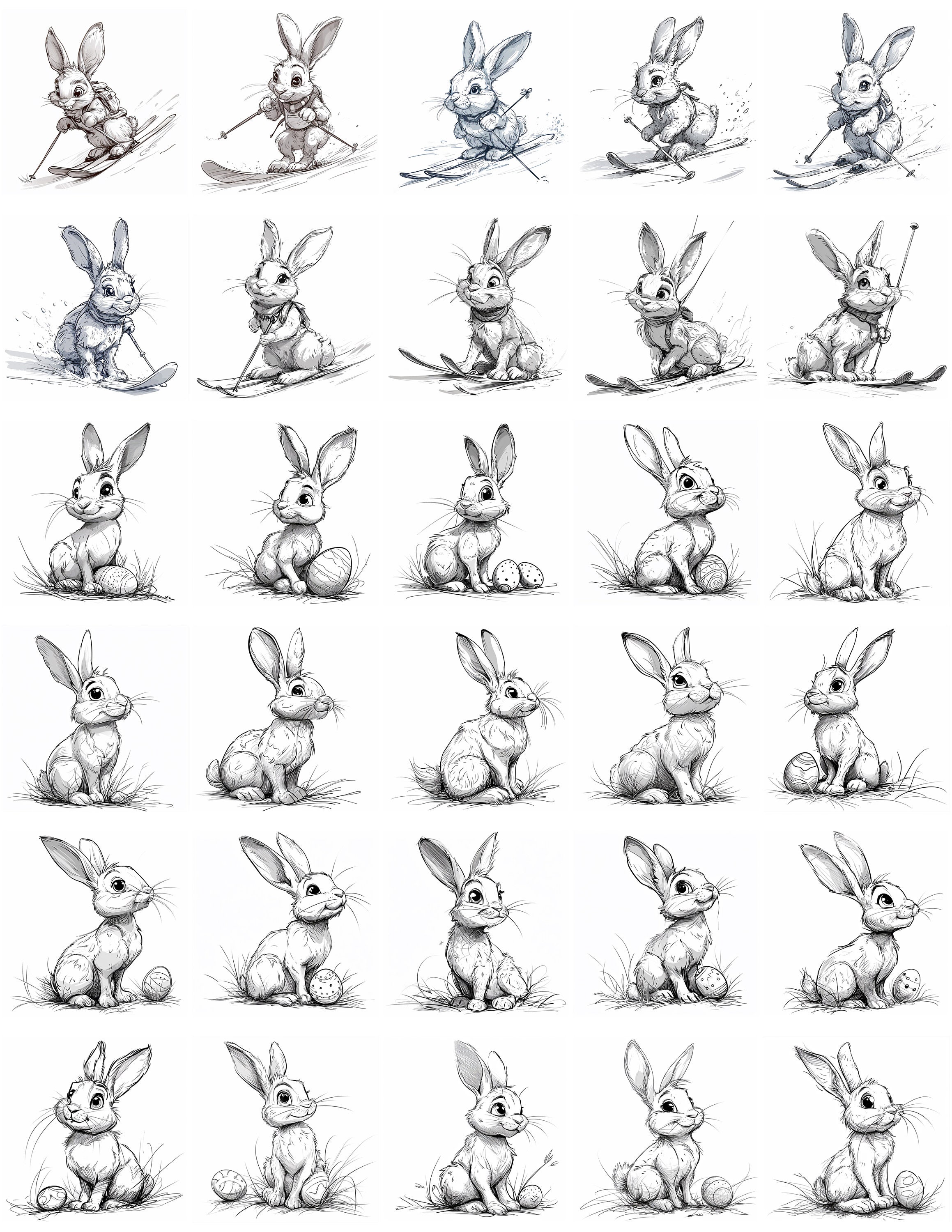 Bunnys of Easter Black and White Bundle 2 150 Digital Line Art Svg-png ...