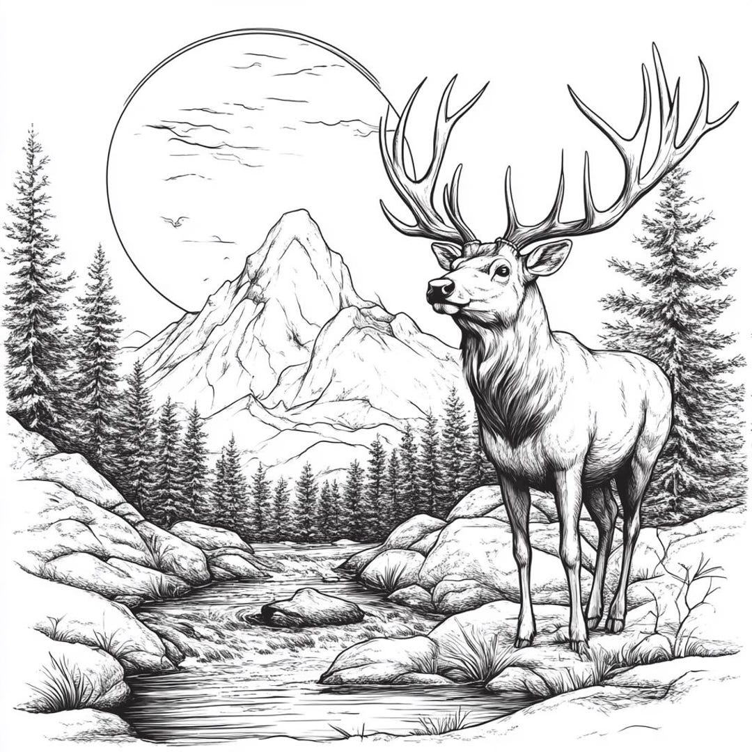 Elk Forrest Black and White Line Art Bundle 2 18 Digital Ai Line Art ...