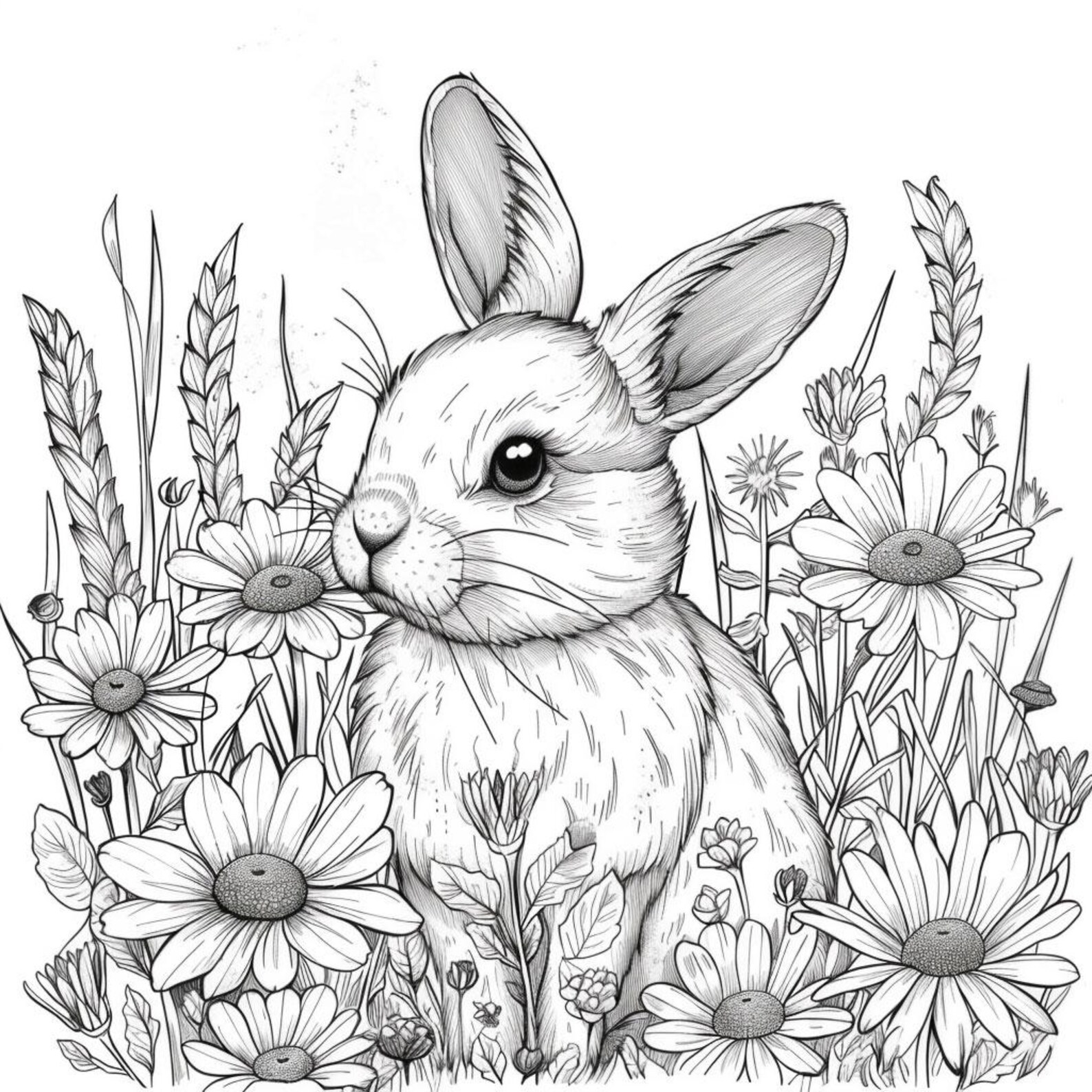Bunny in Field of Flowers Line Art: Color/black & White Clipart (PNG ...