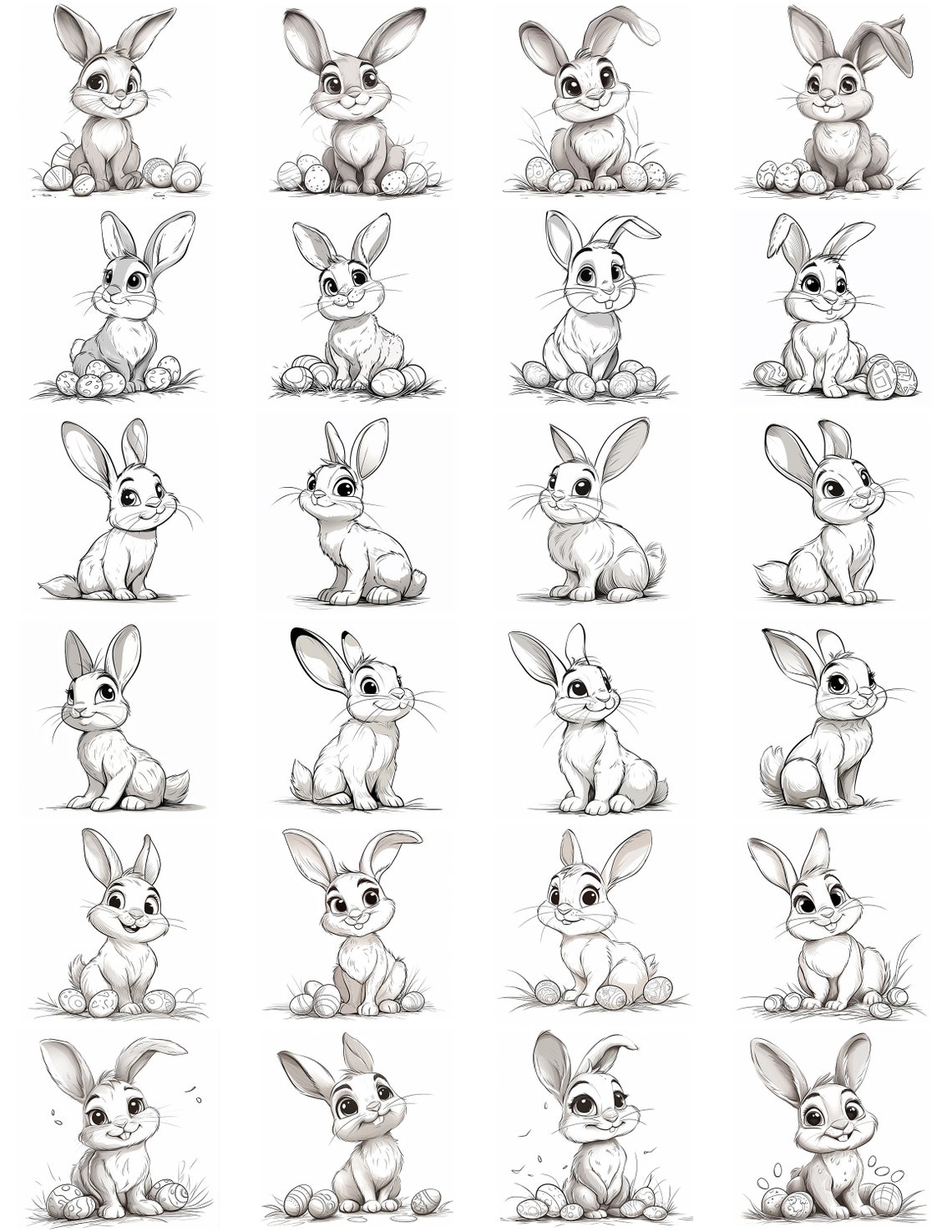 Bunnys of Easter Black and White Bundle 3 80 Digital Line Art Svg-png ...