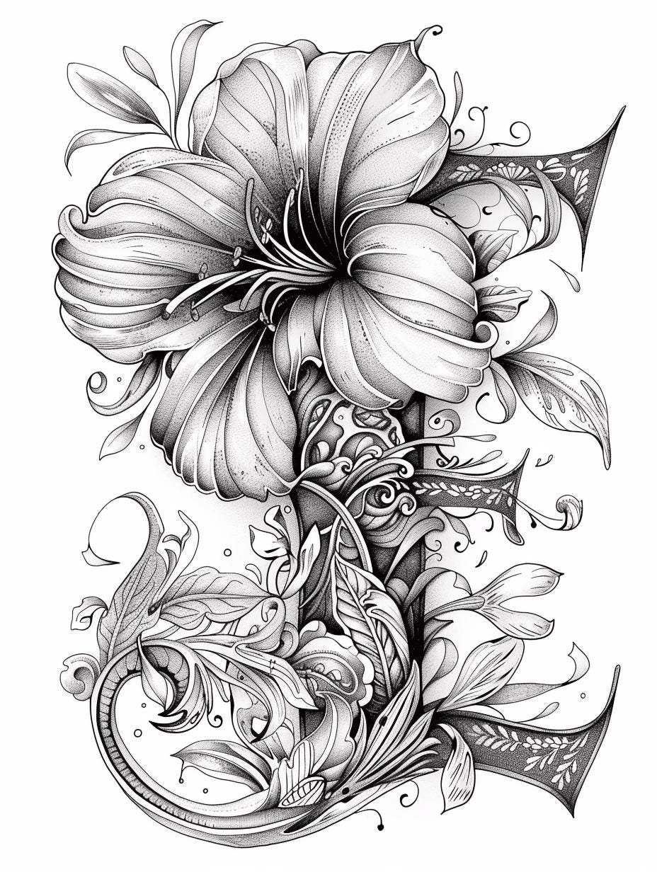 Cherry Blossom Alphabet Cap Drop Black/white Line Art Bundle A-G 28 ...