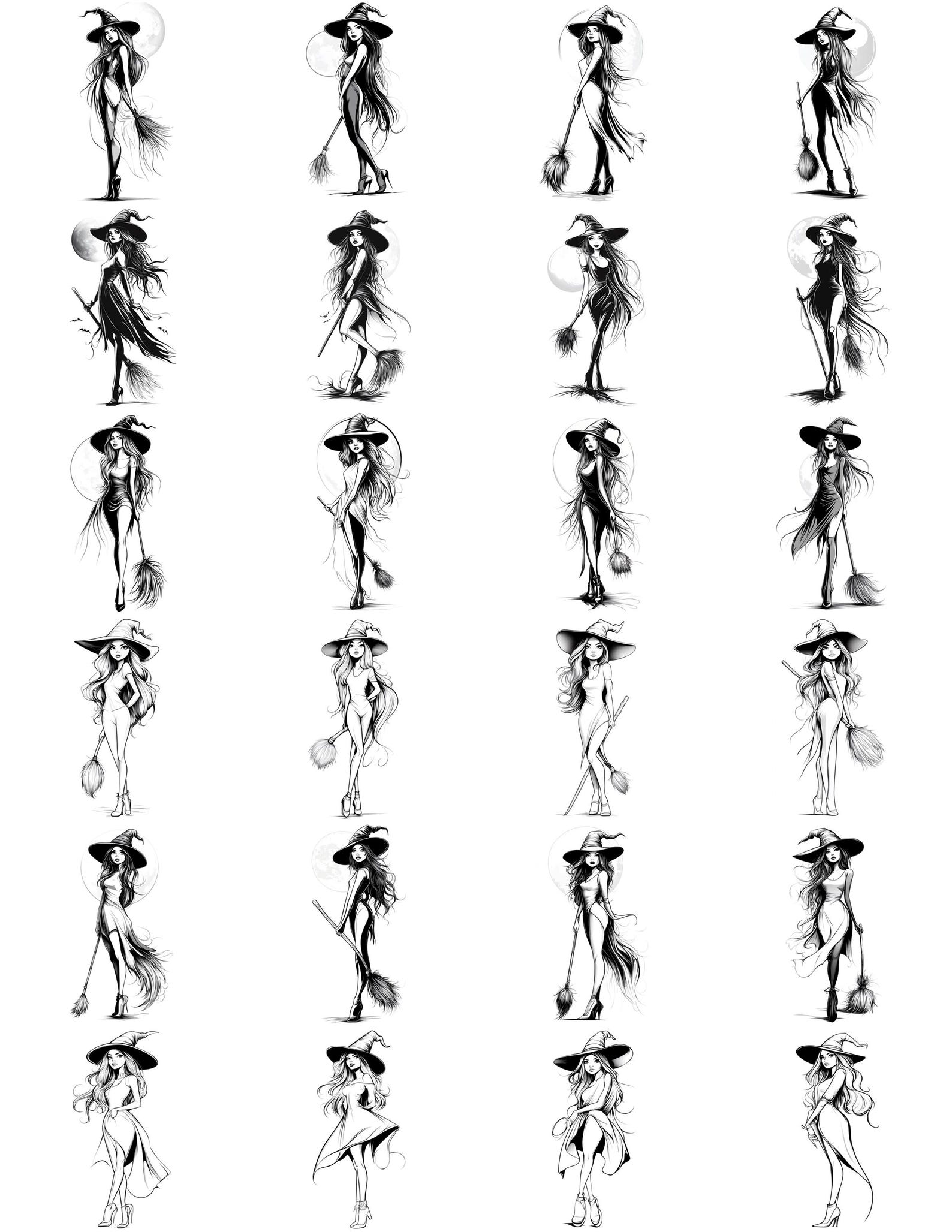 Witch Lovely Cartoon Line Art Illustration Black and White Bundle 3 72 ...