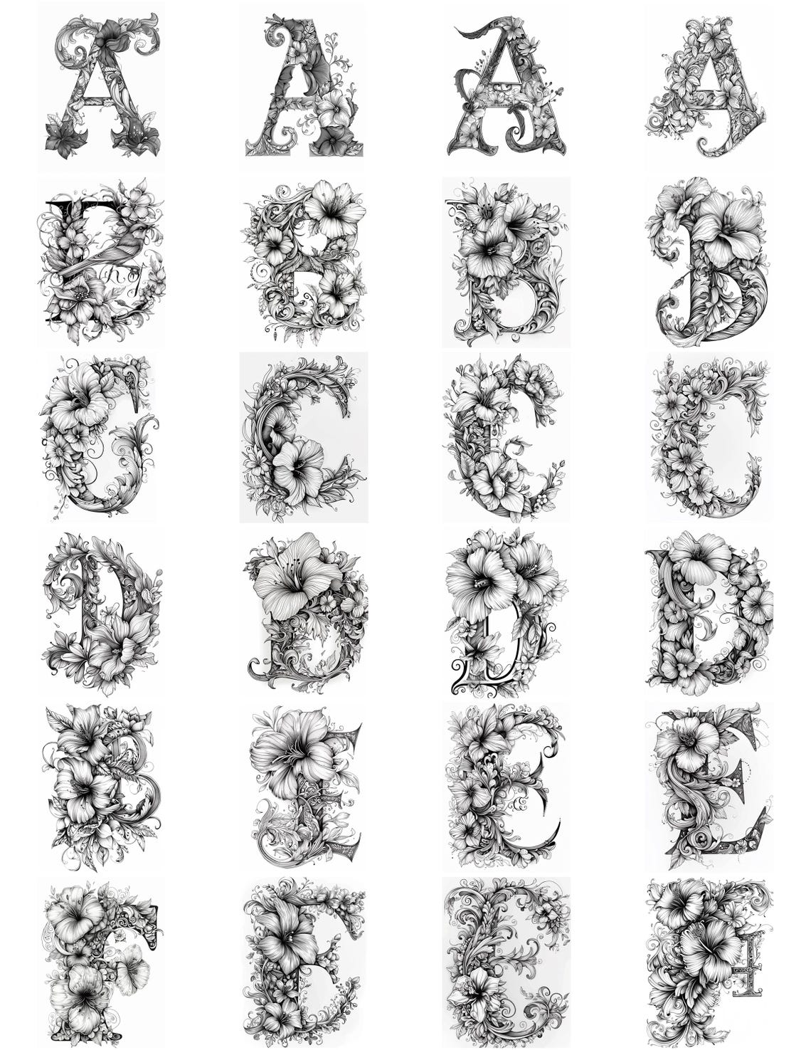 Cherry Blossom Alphabet Cap Drop Black/white Line Art Bundle A-G 28 ...