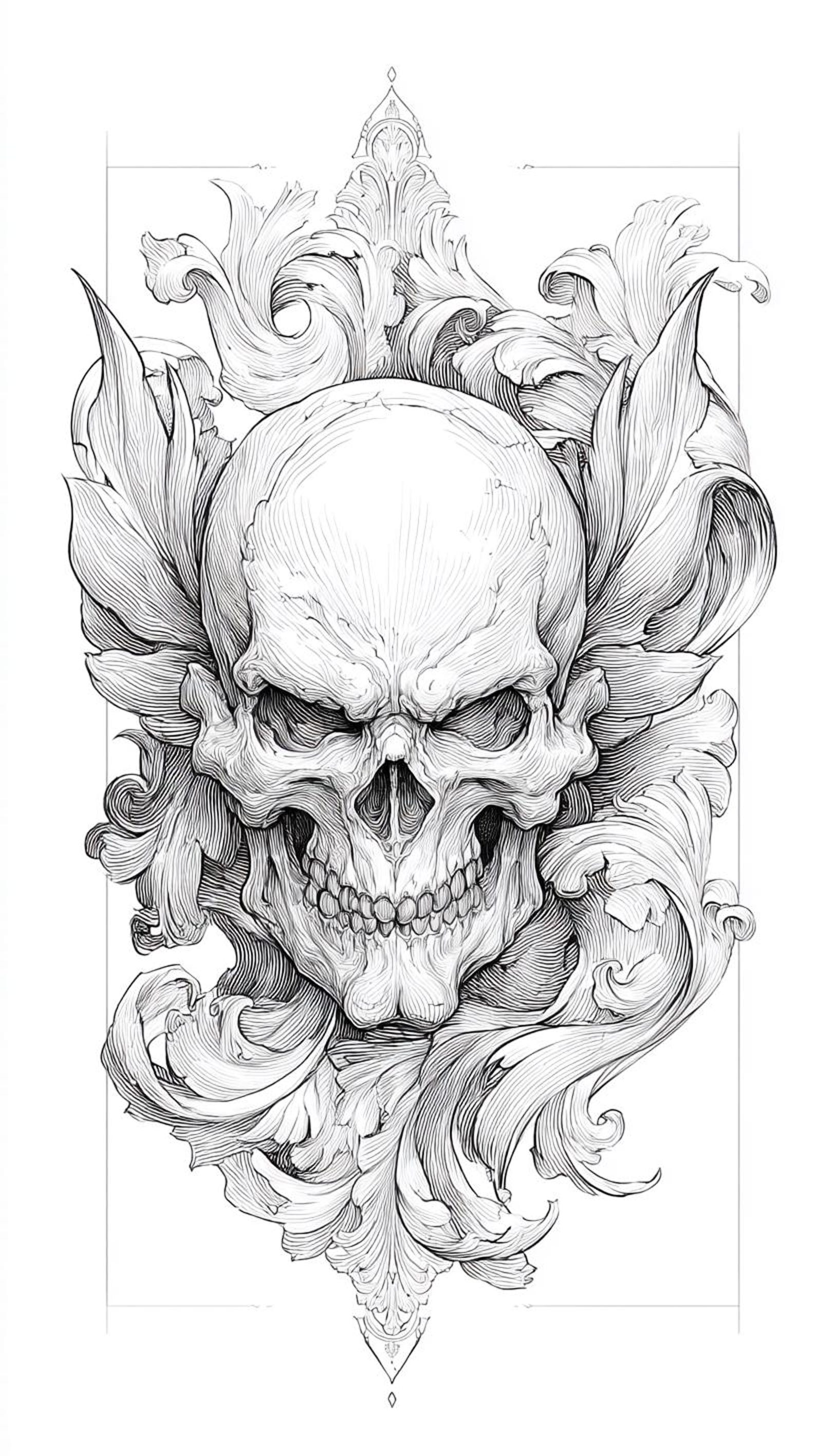Skeleton Head With Swirls Line Art Black and White Bundle 2 22 Digital ...
