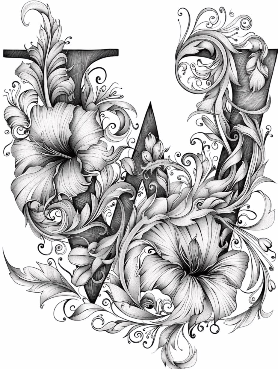 Cherry Blossom Alphabet Cap Drop Black/white Line Art Bundle V-Z 19 ...