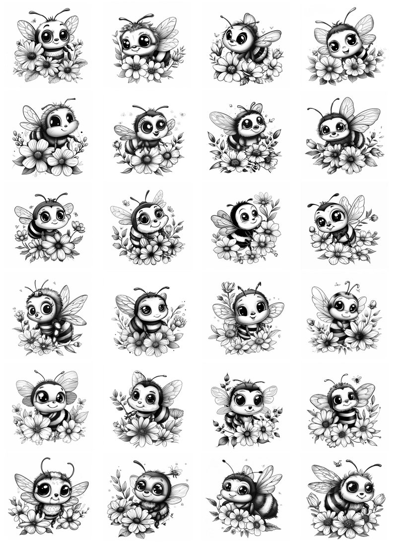 Bees and Flowers Cartoon Black and White Bundle 1 120 Digital Line Art ...
