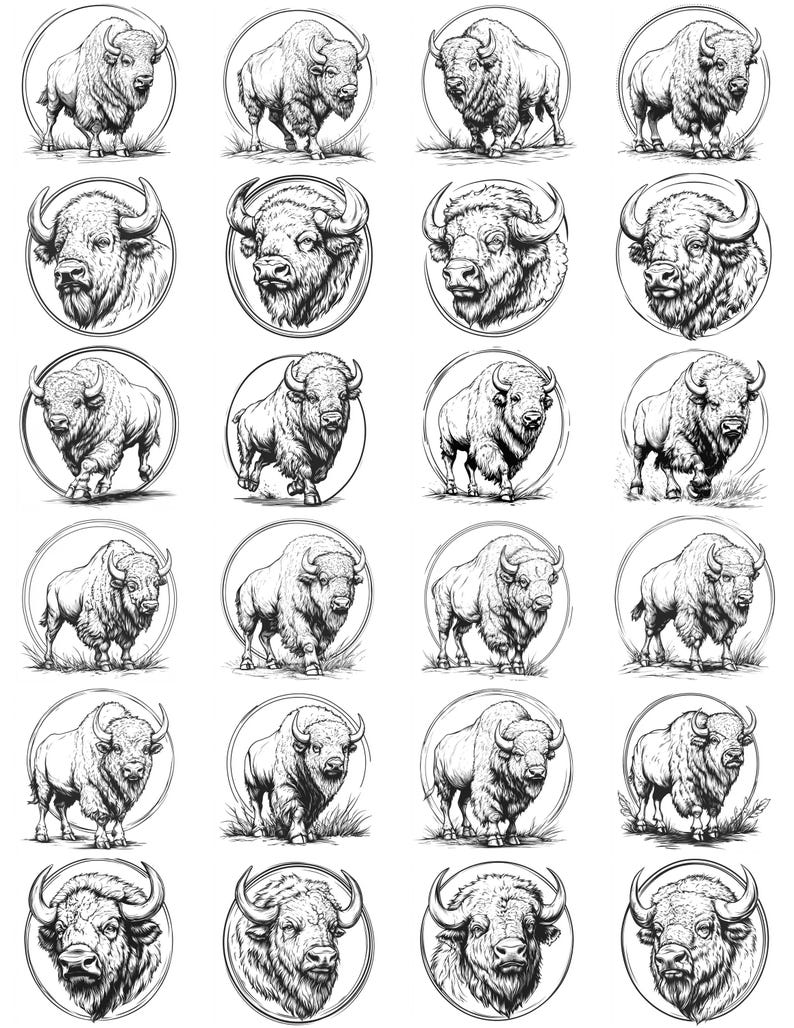 Buffalo/bison Black and White Line Art Bundle 2 65 Digital Ai Line Art ...