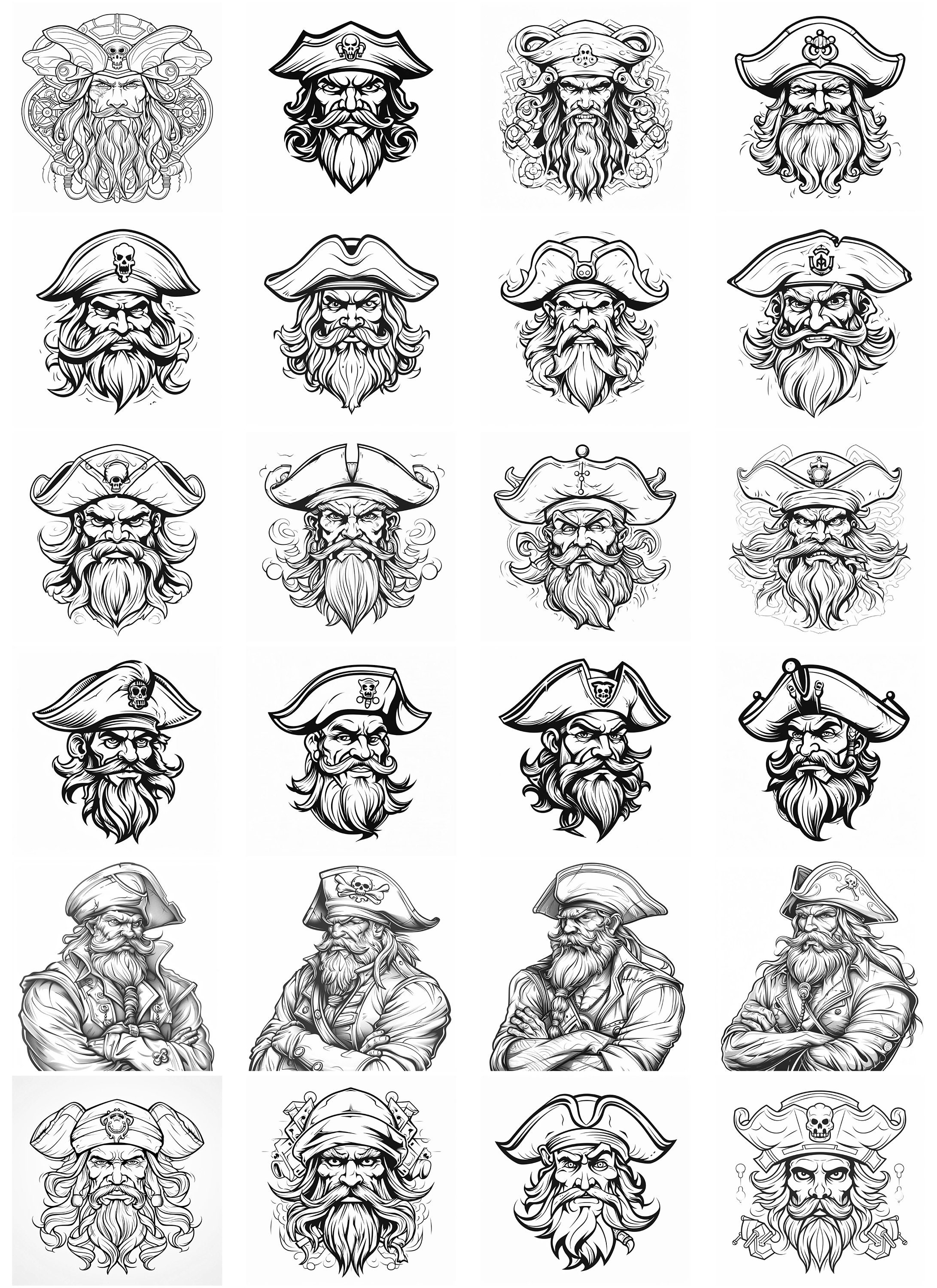 Pirate Head Line Art Black and White Bundle 1 120 Digital Line Art Ai ...