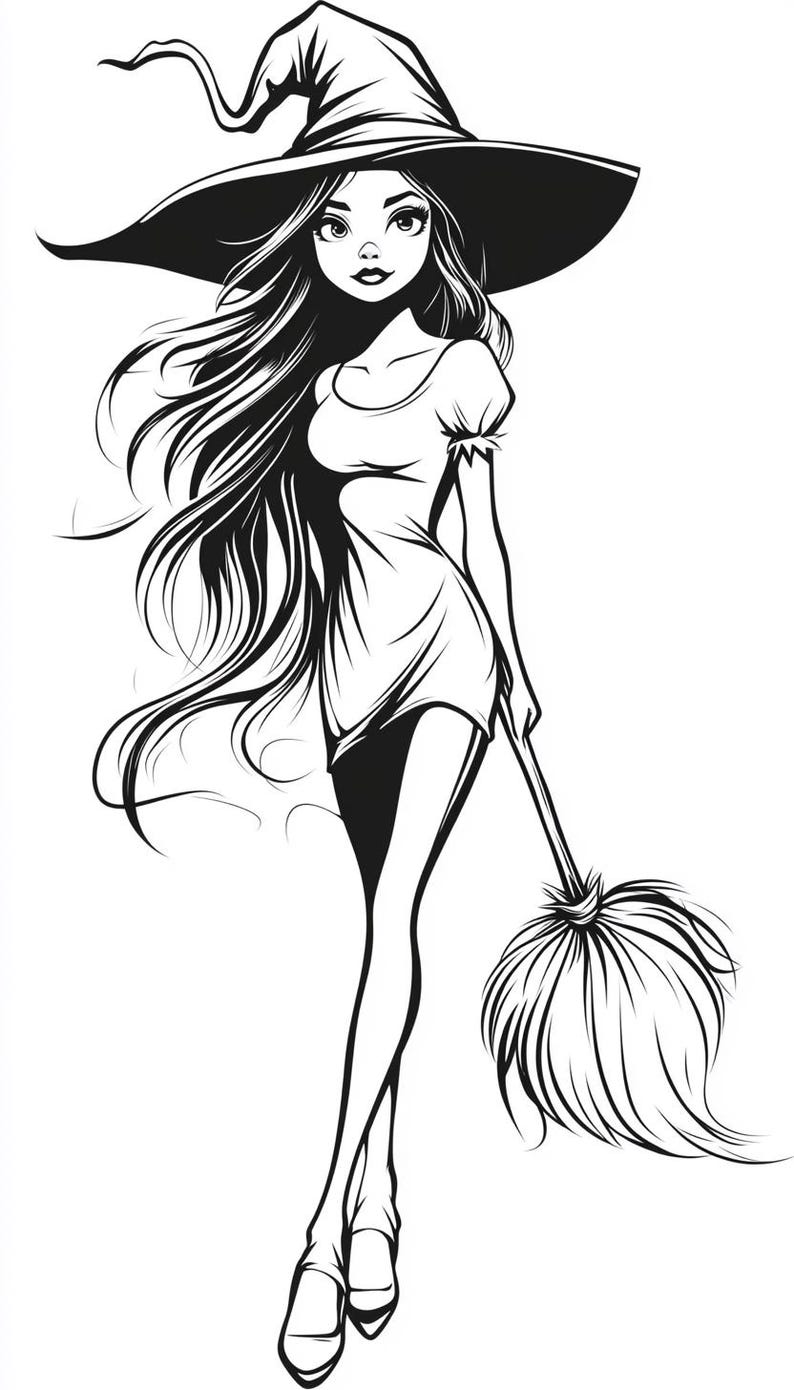 Witch Lovely Cartoon Line Art Illustration Black and White Bundle 3 72 ...