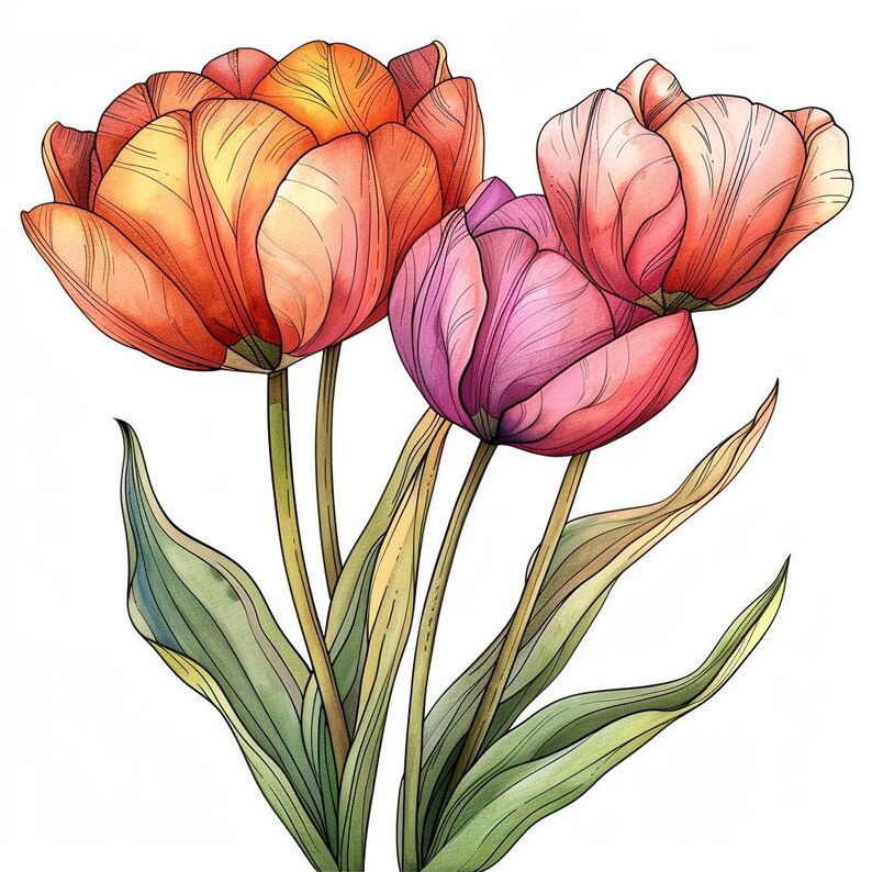 Tulip Blooms Line Art Vivid Color Bundle 3 32 Digital Ai Line Art PNG ...
