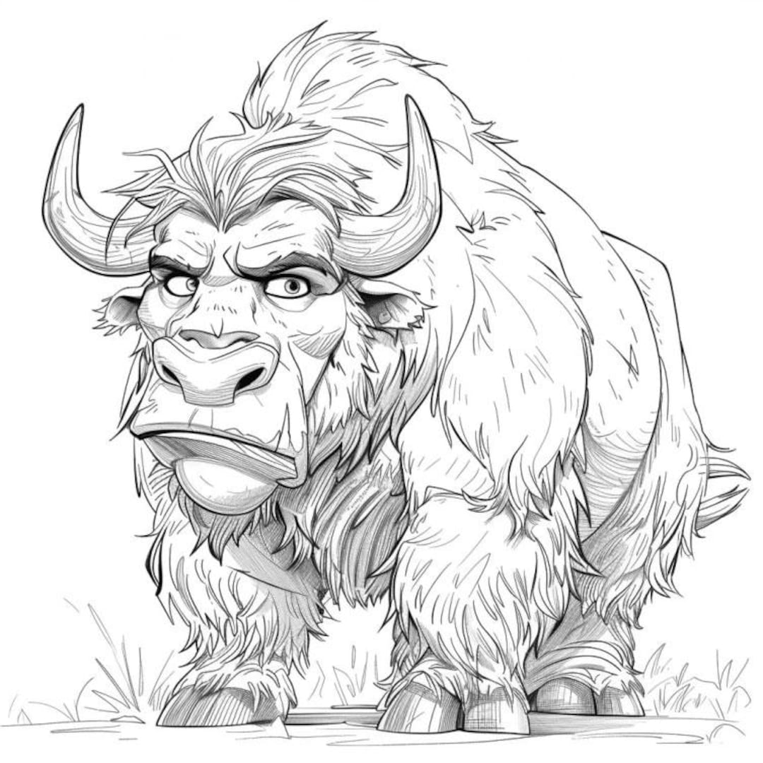 Buffalo/bison Cartoon Fierce Line Art Black and White Bundle 2 50 ...
