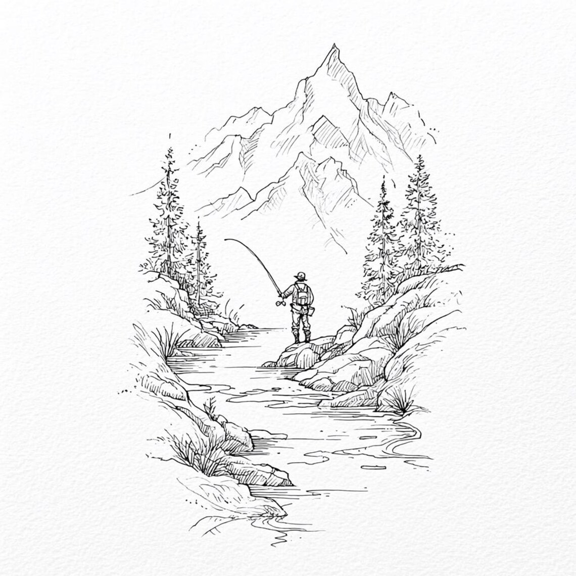Fisherman in Mountain Stream Line Art Black and White Bundle 1 28 ...
