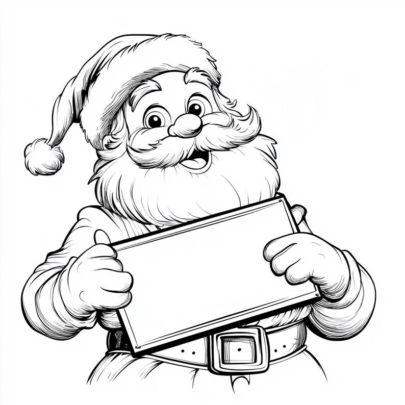 Santa Holding Sign Cartoon Line Art Illustration Black and White Bundle ...