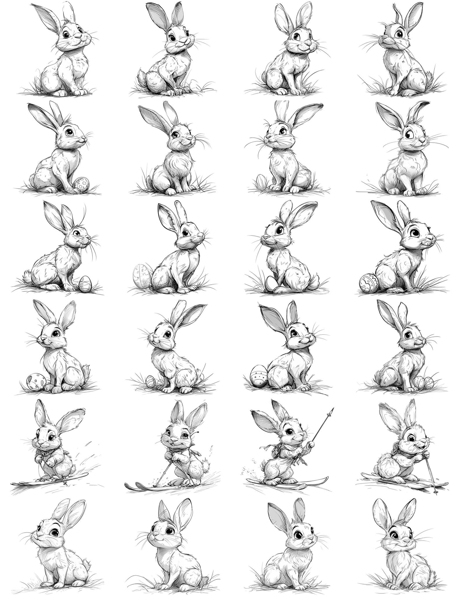 Bunnys of Easter Black and White Bundle 3 60 Digital Ai Line Art PNG ...