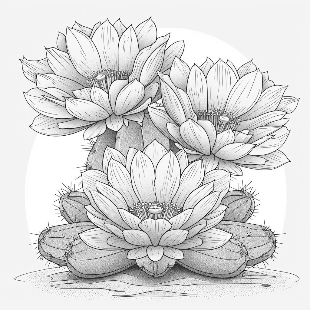 Cactus Blooms Line Art Black and White Bundle 1 24 Digital Line Art Ai ...