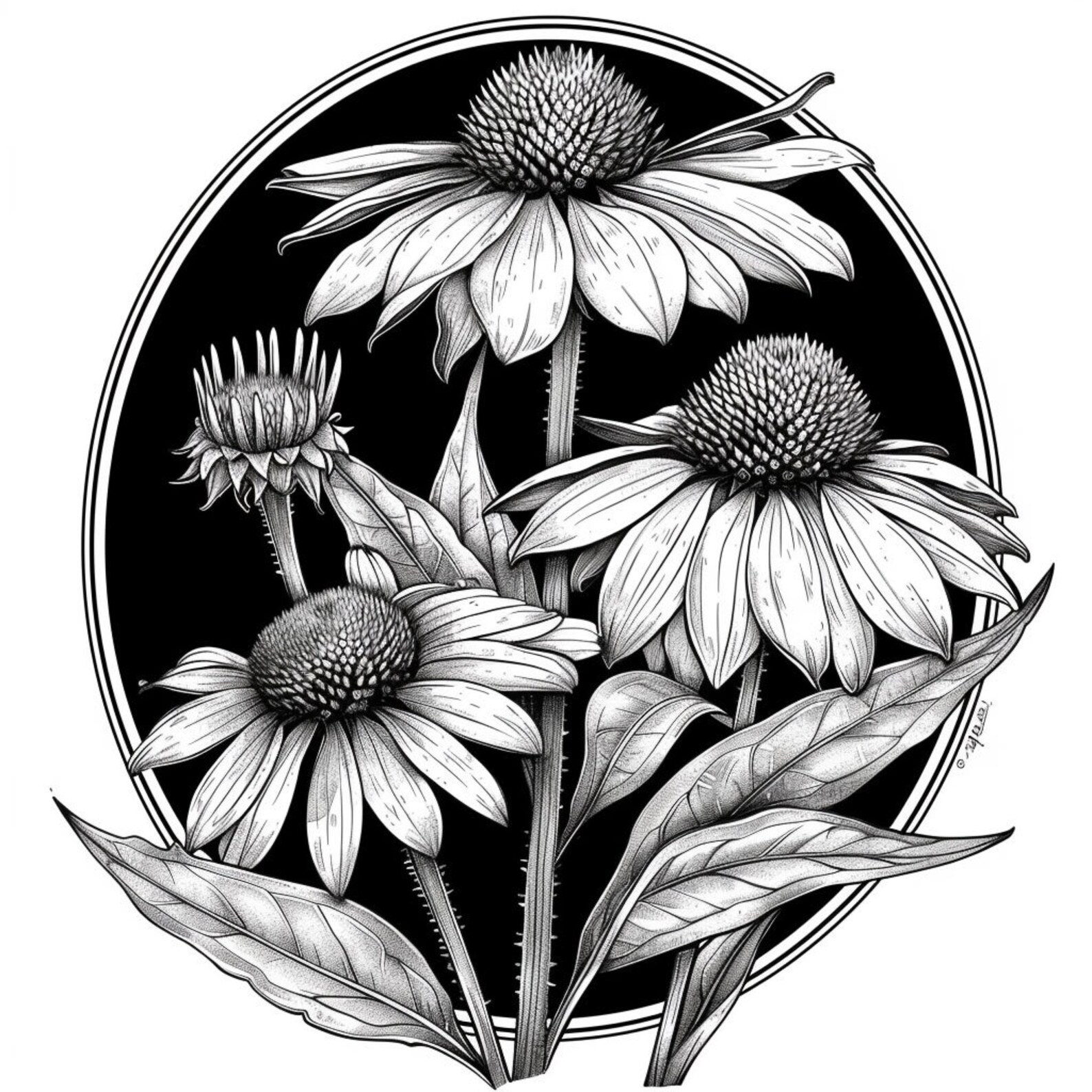 Coneflower Line Art Black and White Bundle 4 48 Digital Line Art Ai Svg ...
