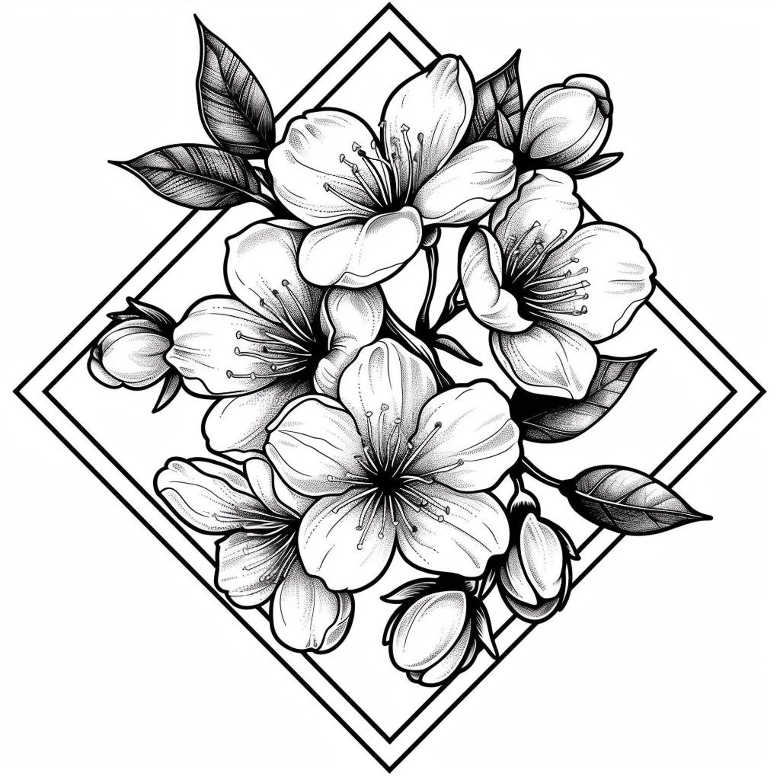 Cherry Blossoms Diamond Frame Black/white Line Art Bundle 1 24 Digital ...