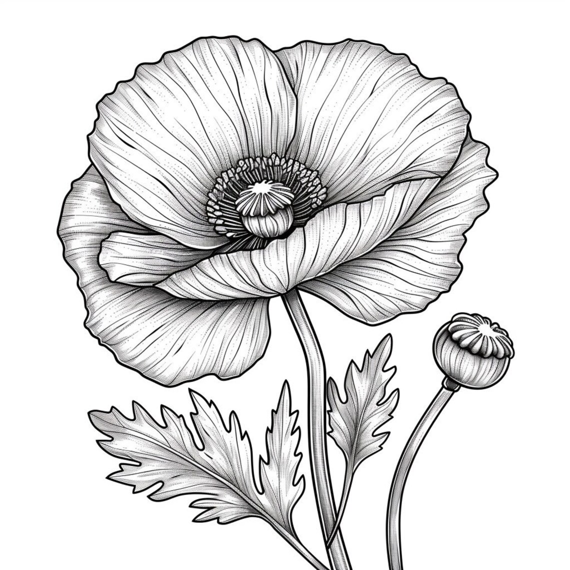 Poppy Blooms Line Art Black and White Bundle 1 96 Digital Line Art AI ...