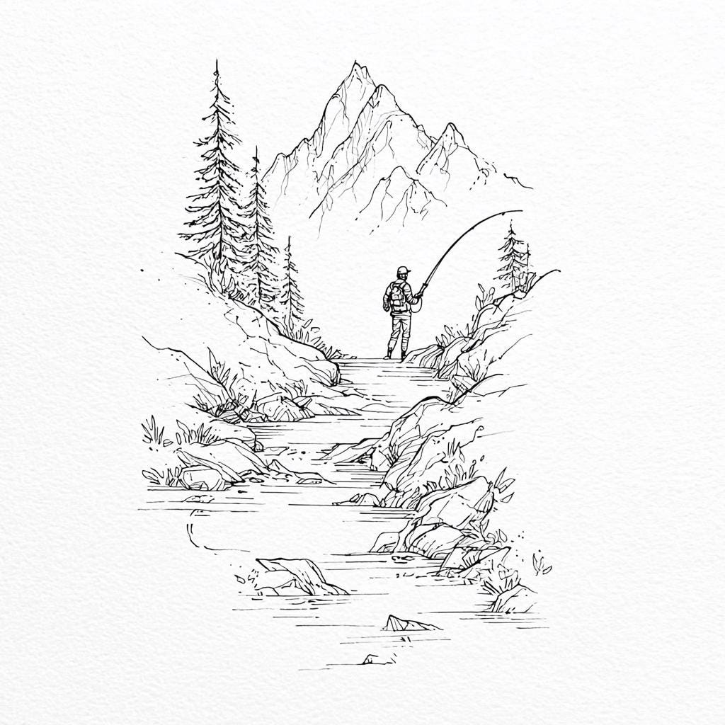 Fisherman in Mountain Stream Line Art Black and White Bundle 1 28 ...